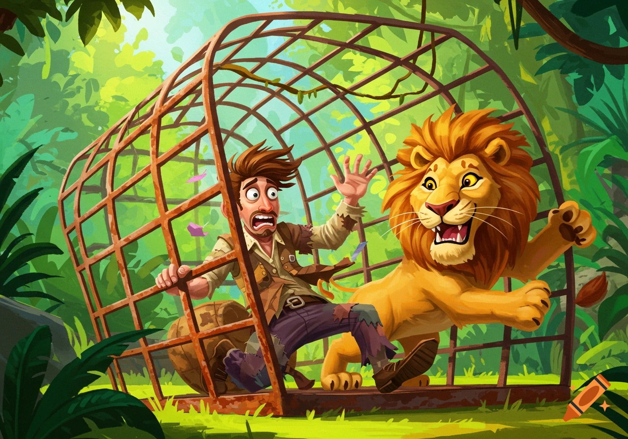Cartoon image of a scared man in a cage being chased by a happy lion in ...