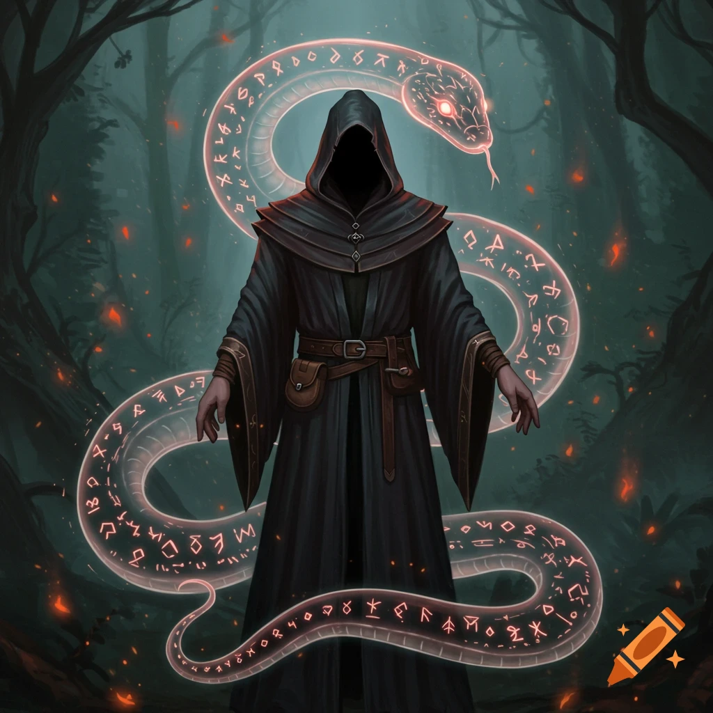 Hooded wizard and glowing snake with runes in a dark forest on Craiyon