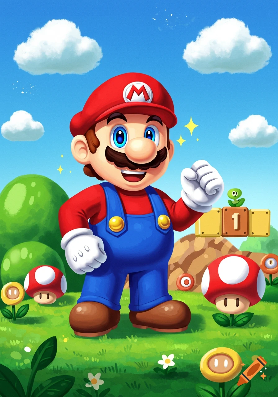 Stylized illustration of Mario in a grassy field with clouds, mushrooms ...