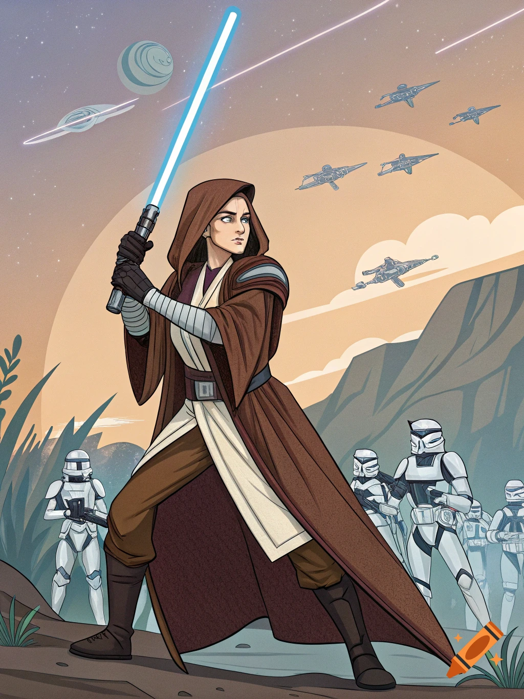 Illustration of female Jedi with lightsaber, facing stormtroopers ...