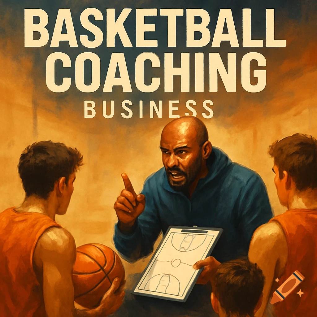 Illustration of a basketball coach talking to players, showing a ...