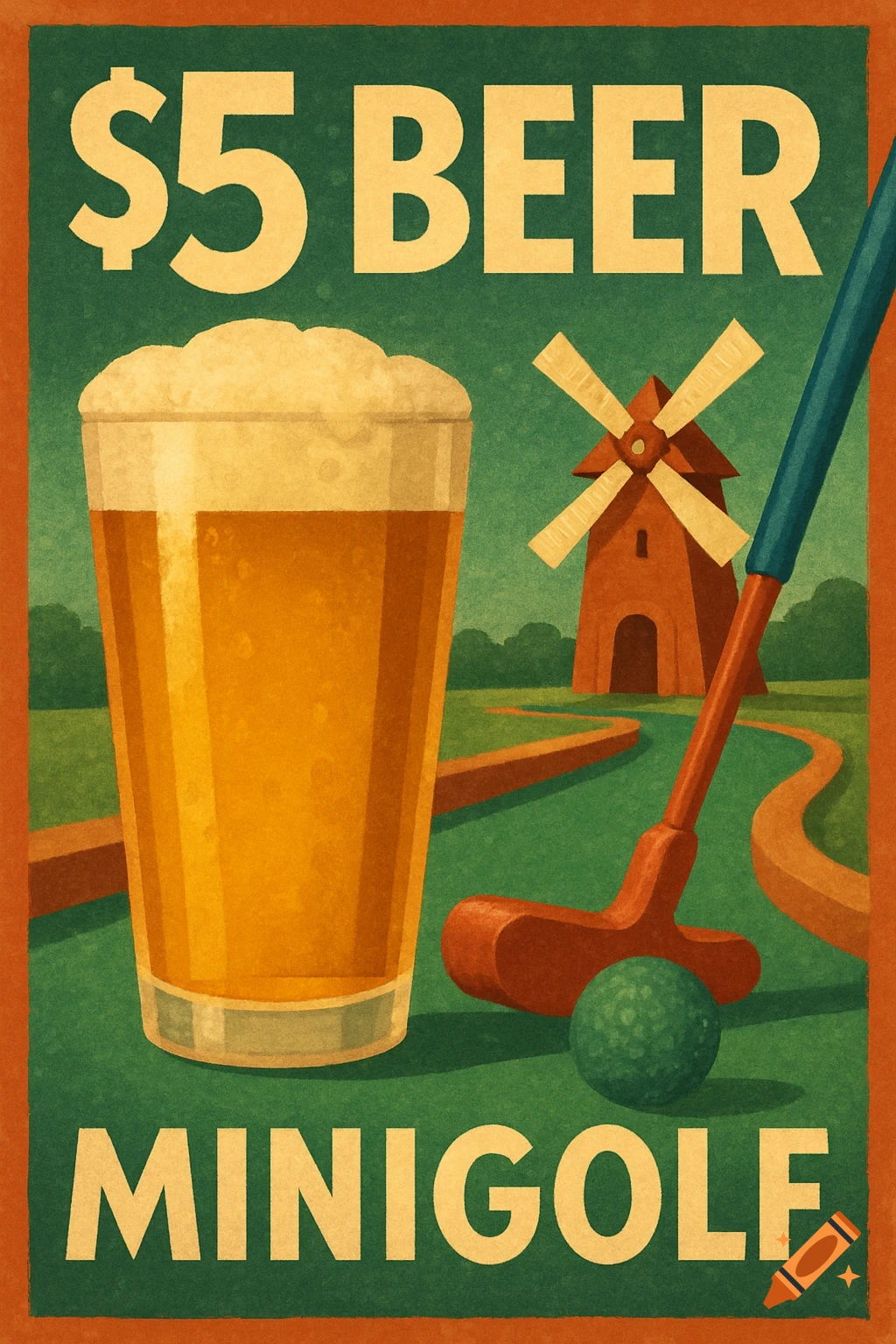 Vintage style poster advertising $5 beer and minigolf, showing a glass ...