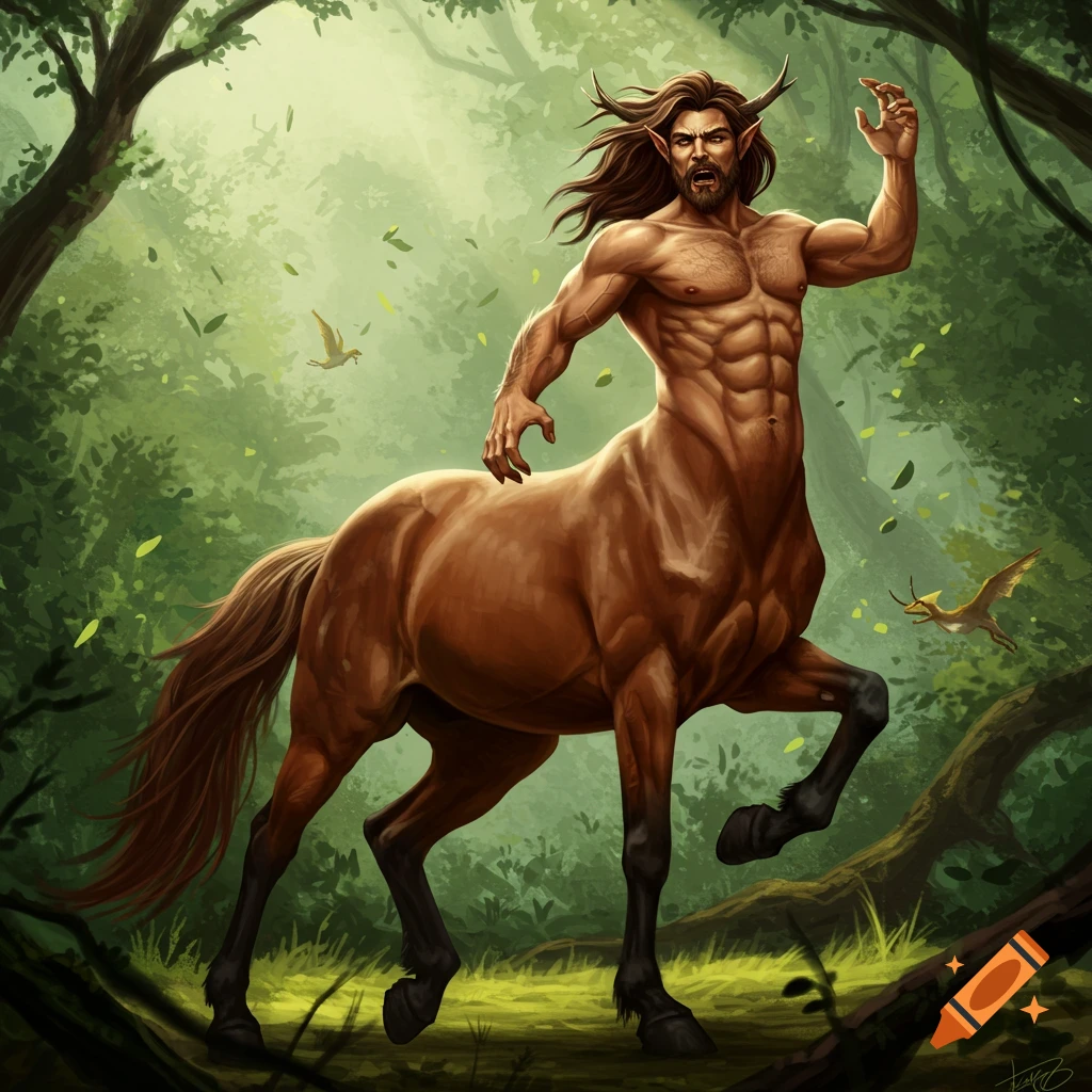 Digital painting of a muscular male centaur standing in a sunlit forest ...