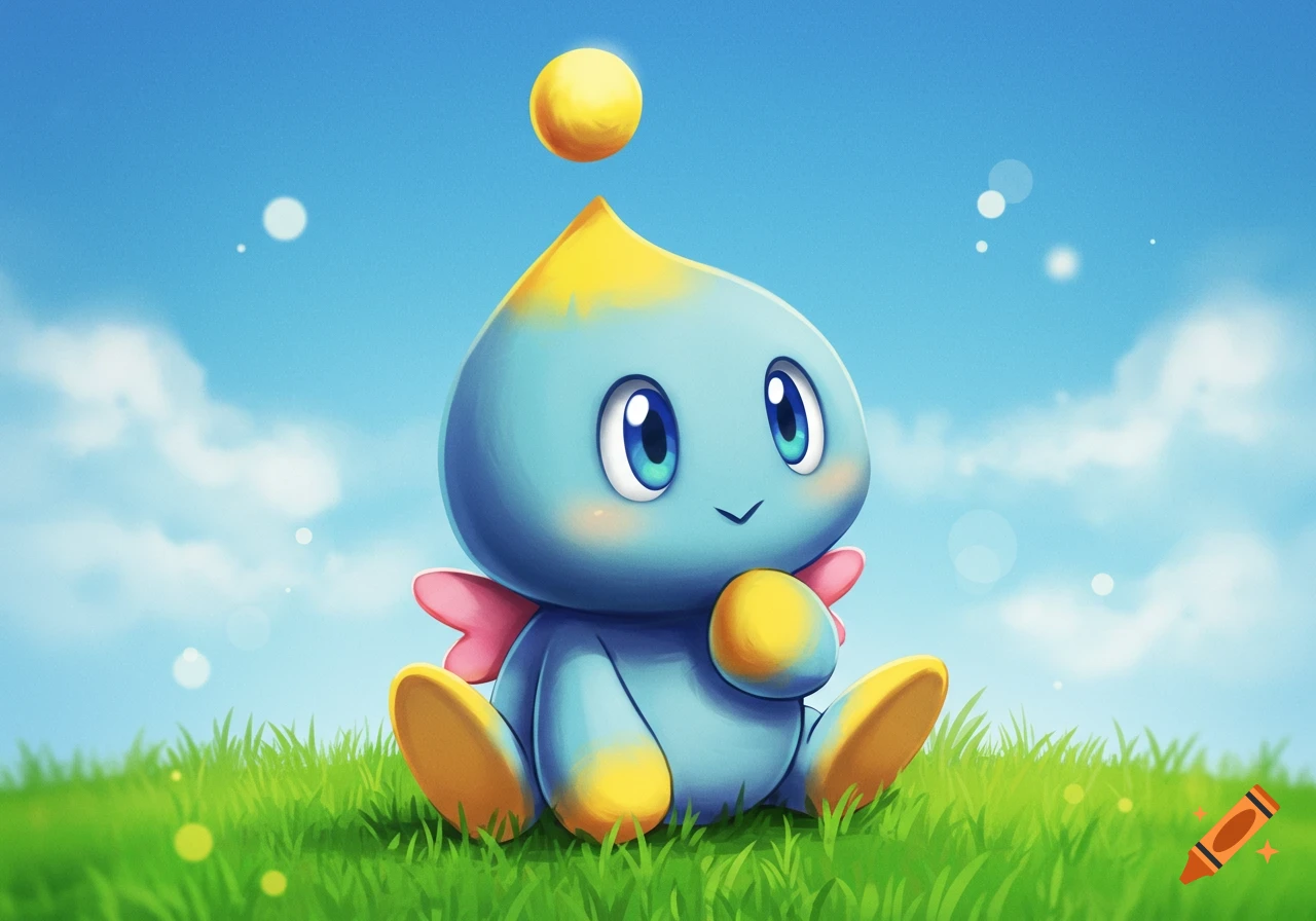 A cute blue Chao character sits in green grass under a blue sky. on Craiyon