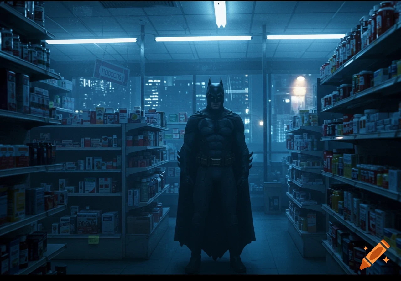 Batman stands in the aisle of a pharmacy at night, with city lights ...