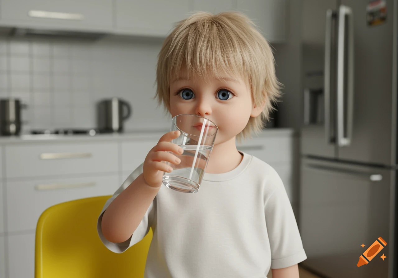A child-like android drinks a glass of water in a kitchen. on Craiyon