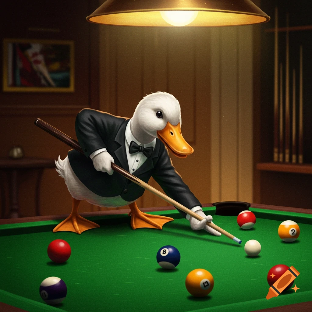 A duck in a tuxedo plays pool on a green billiards table. on Craiyon