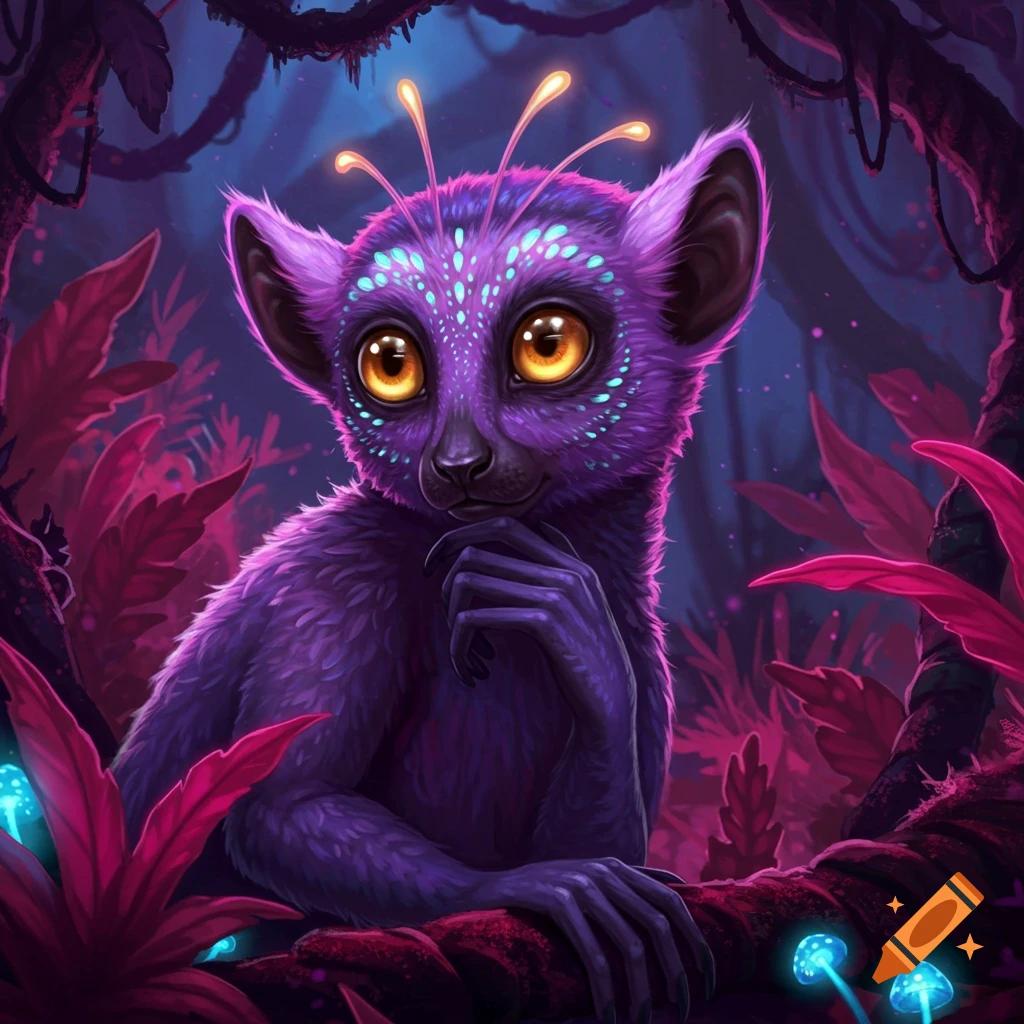 A purple alien lemur with big eyes sits in a glowing fantasy jungle. on ...