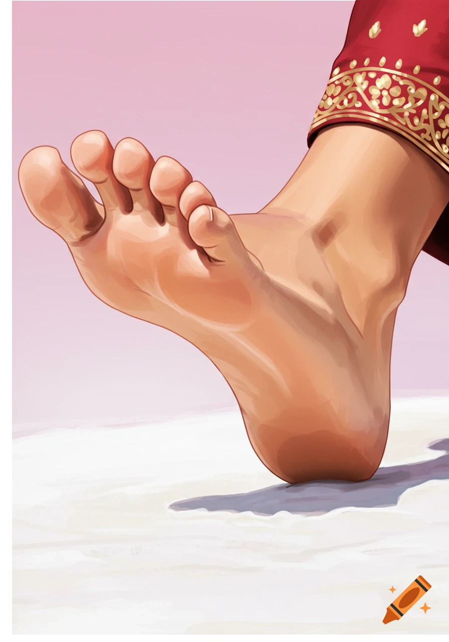Close up illustration of a bare foot stepping forward, wearing red pants with gold trim. on Craiyon