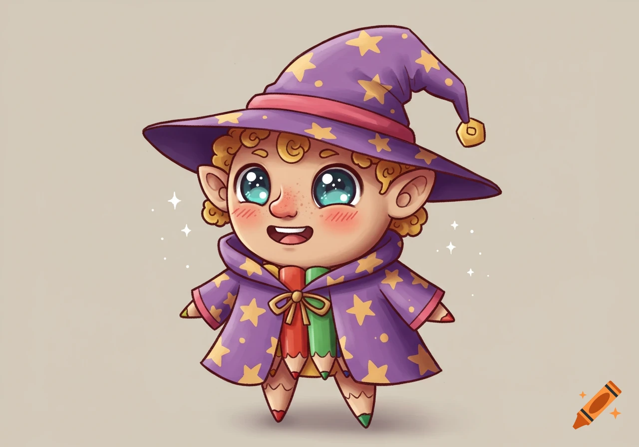 A whimsical fantasy illustration of a small wizard character made of ...