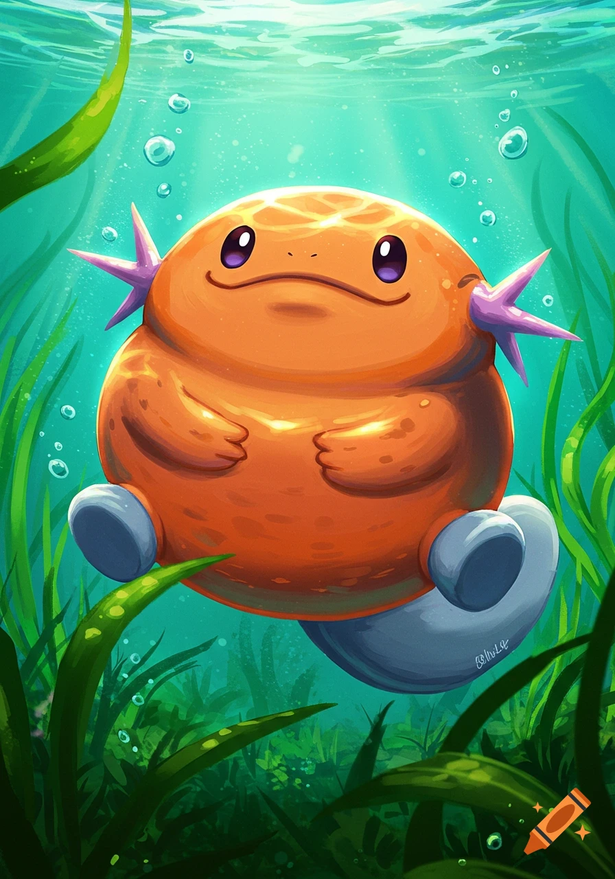 Illustration of a cute orange Wooper swimming underwater among green ...