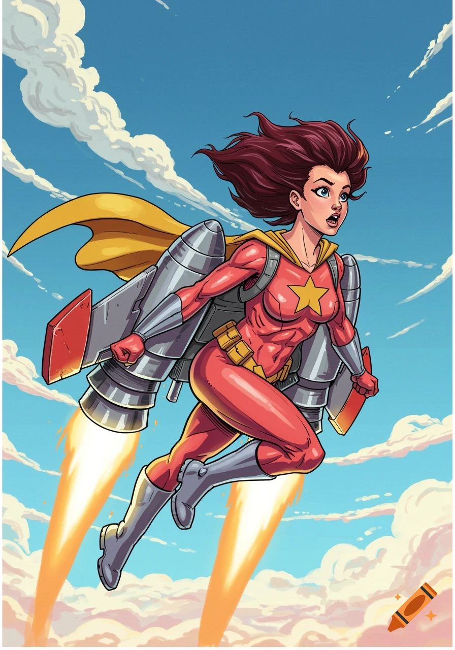A comic book style illustration of a superhero girl flying through the ...