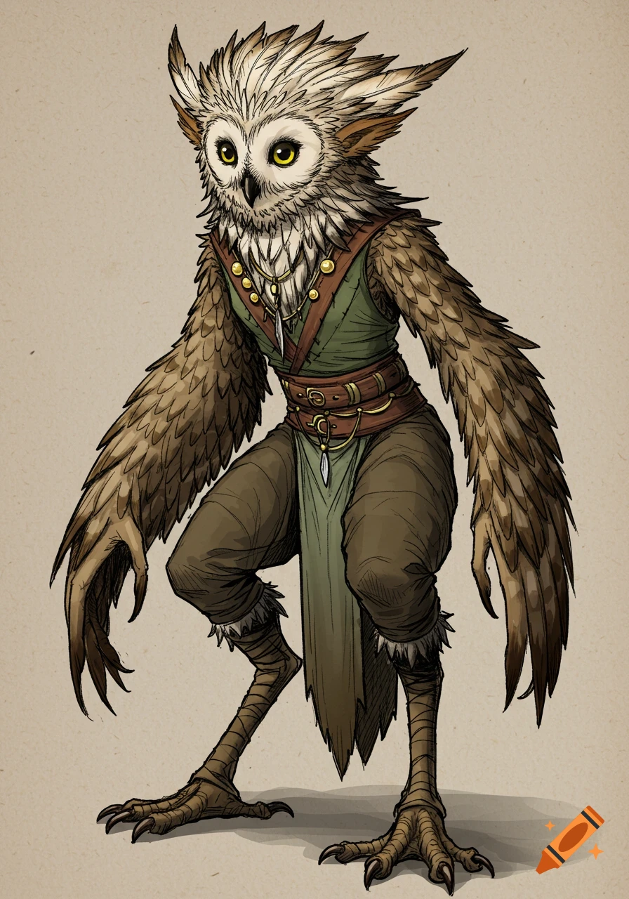 Drawing of a humanoid owl creature in fantasy clothing on Craiyon