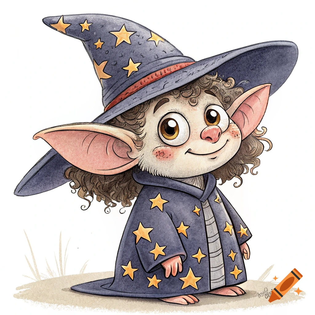 Whimsical illustration of a small furry creature with big ears and eyes ...