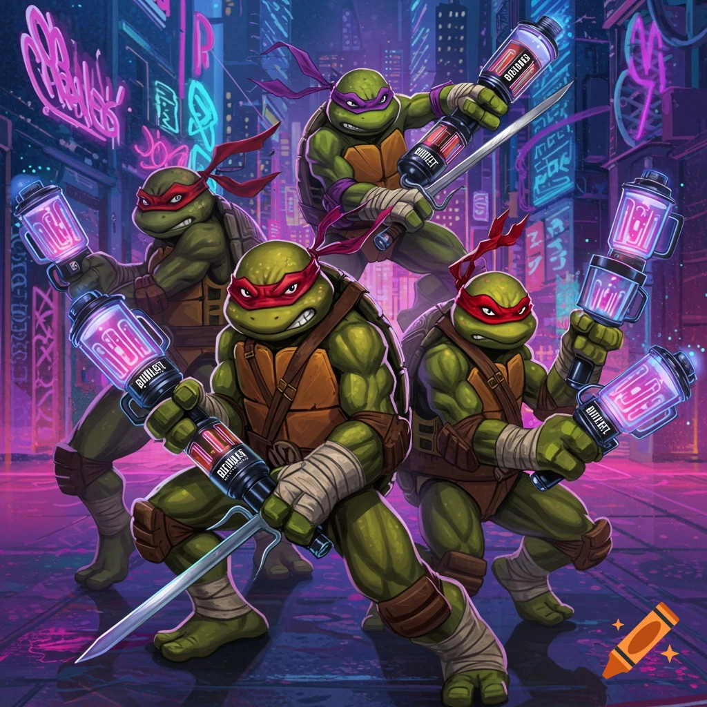 Teenage Mutant Ninja Turtles characters hold blender weapons in a neon ...