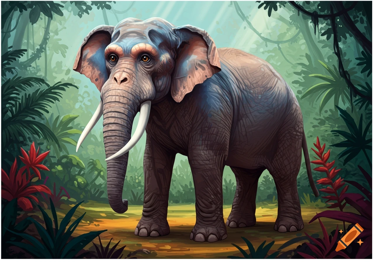Illustration of a hybrid monkey and elephant standing in a lush jungle ...