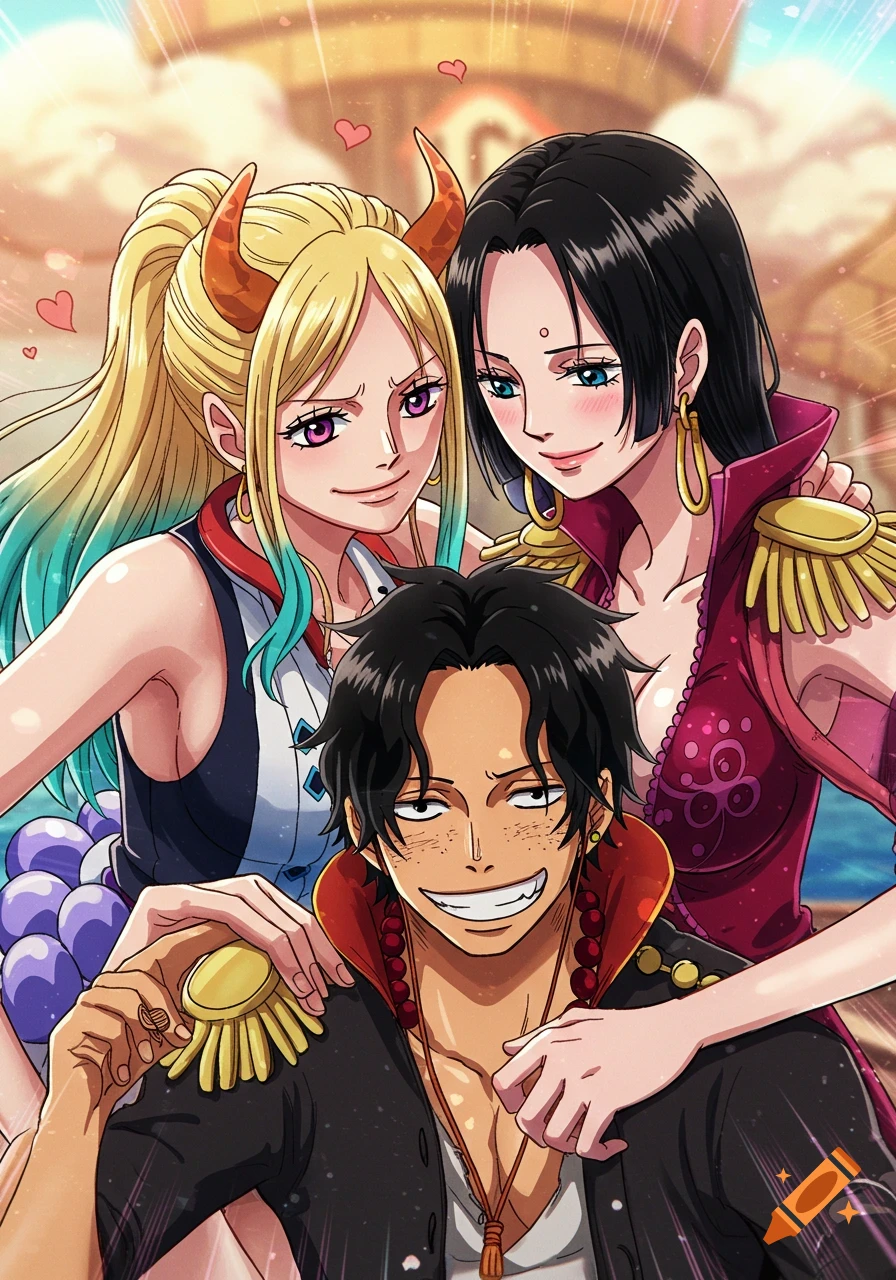 Anime illustration of Yamato and Boa Hancock embracing Ace. on Craiyon