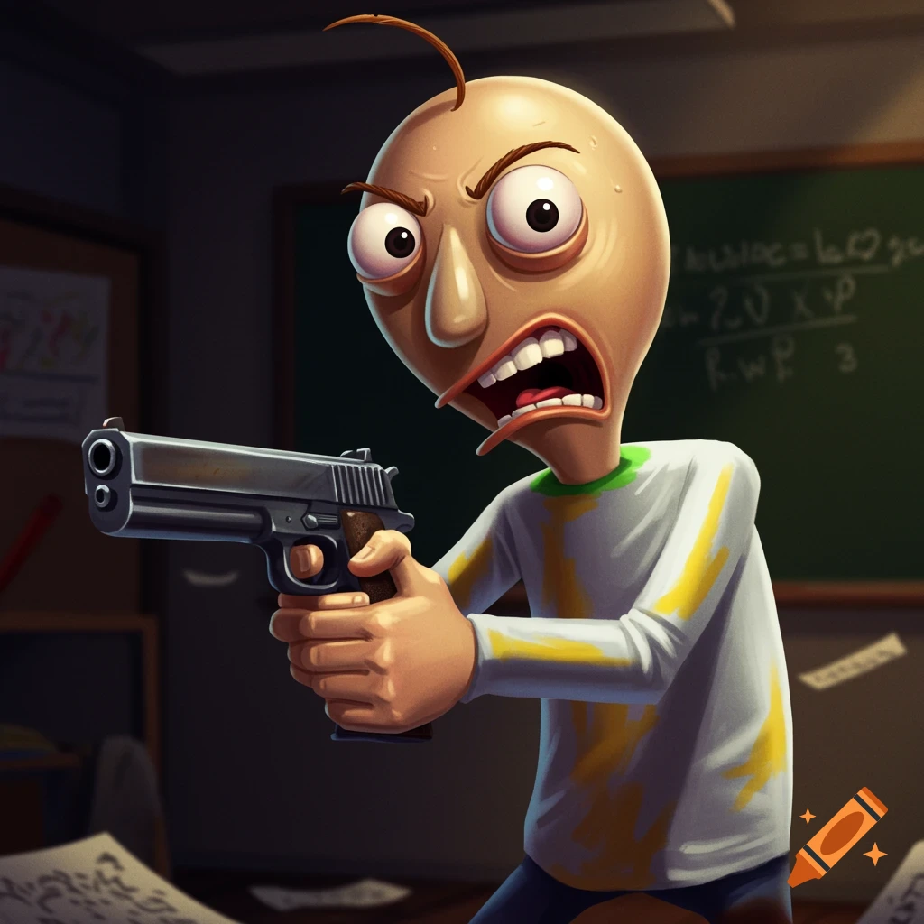 Cartoon character resembling Baldi, angry, holding a gun in a classroom ...