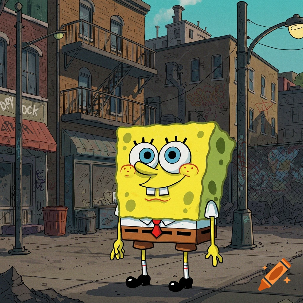 SpongeBob stands in a detailed urban alley with buildings and graffiti ...