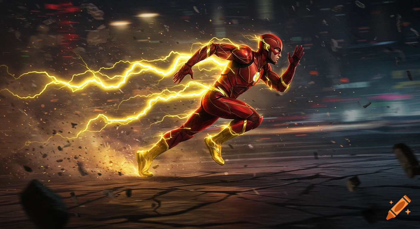 Speedster in red suit runs through destroyed street with lightning on Craiyon