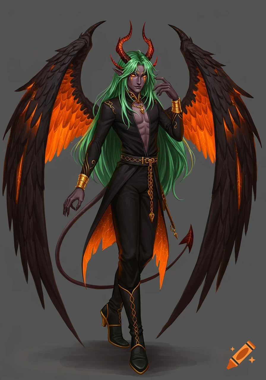 A male demon with green hair, red horns, black wings with orange, tail ...
