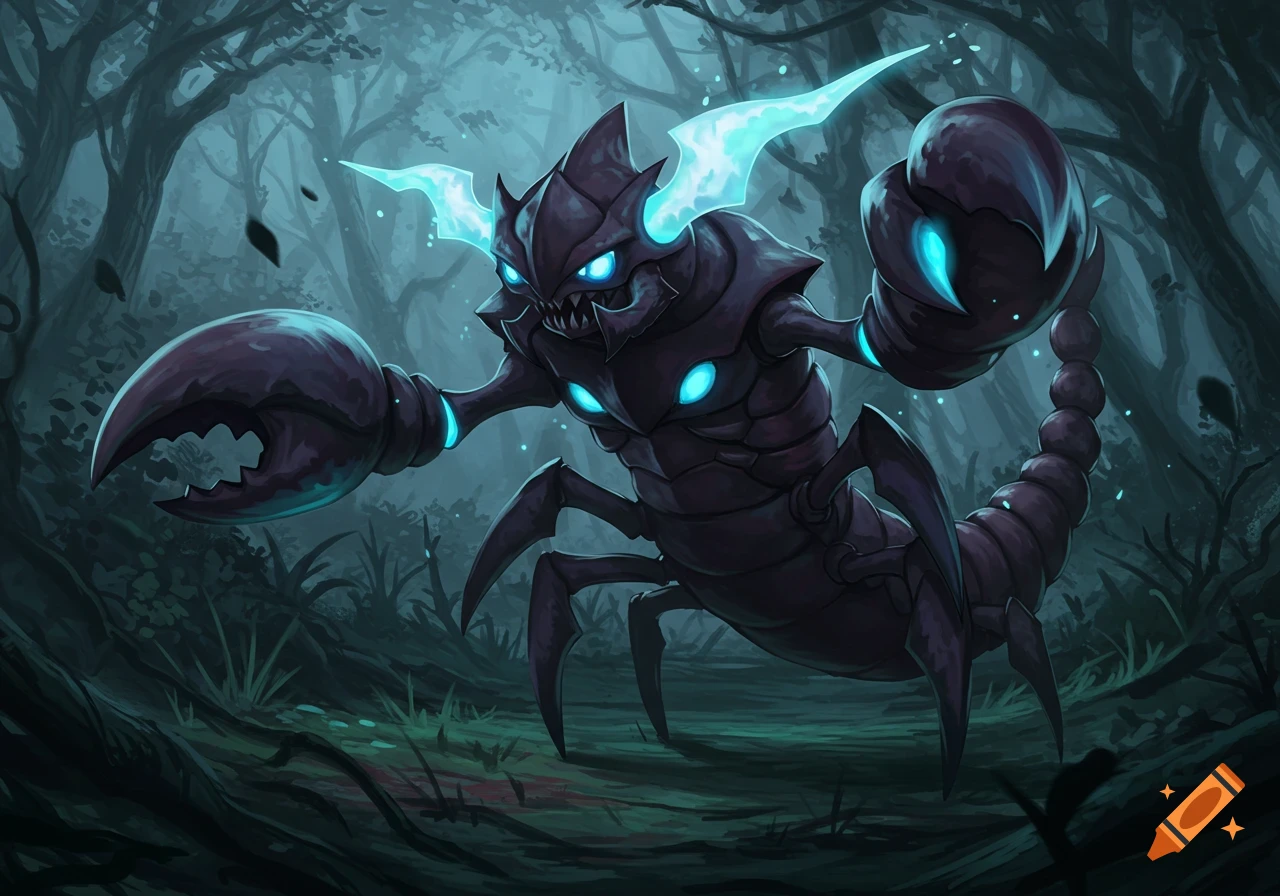 Dark fantasy art of a purple scorpion monster with glowing blue highlights in a forest. on Craiyon