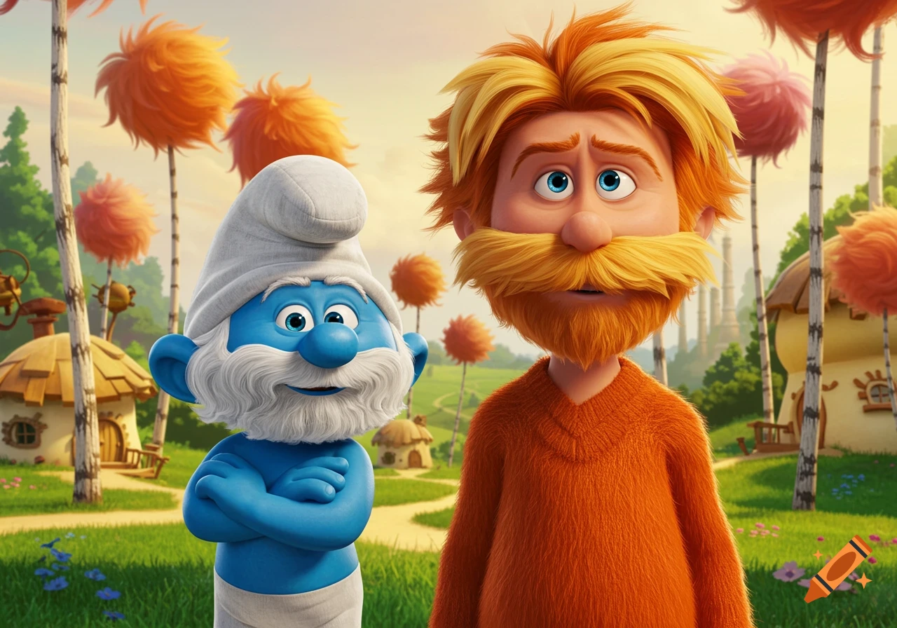 Papa Smurf and The Once-Ler standing together in a whimsical animated ...