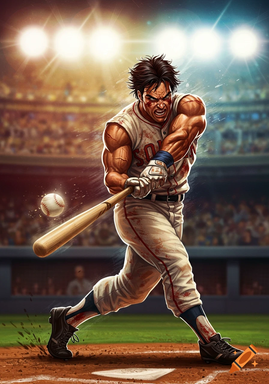 Illustration of a muscular baseball player in a stadium swinging a bat ...