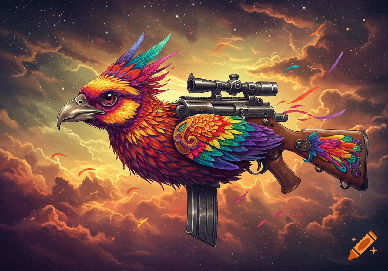 Colorful feathered bird with a rifle body and scope flying through a ...
