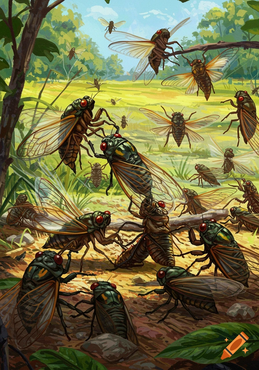 Illustration of many cicadas on the ground and flying in a forest ...