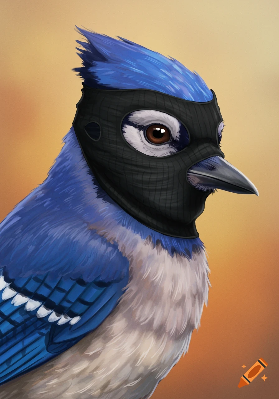 A blue jay wears a black balaclava mask in a digital illustration. on ...