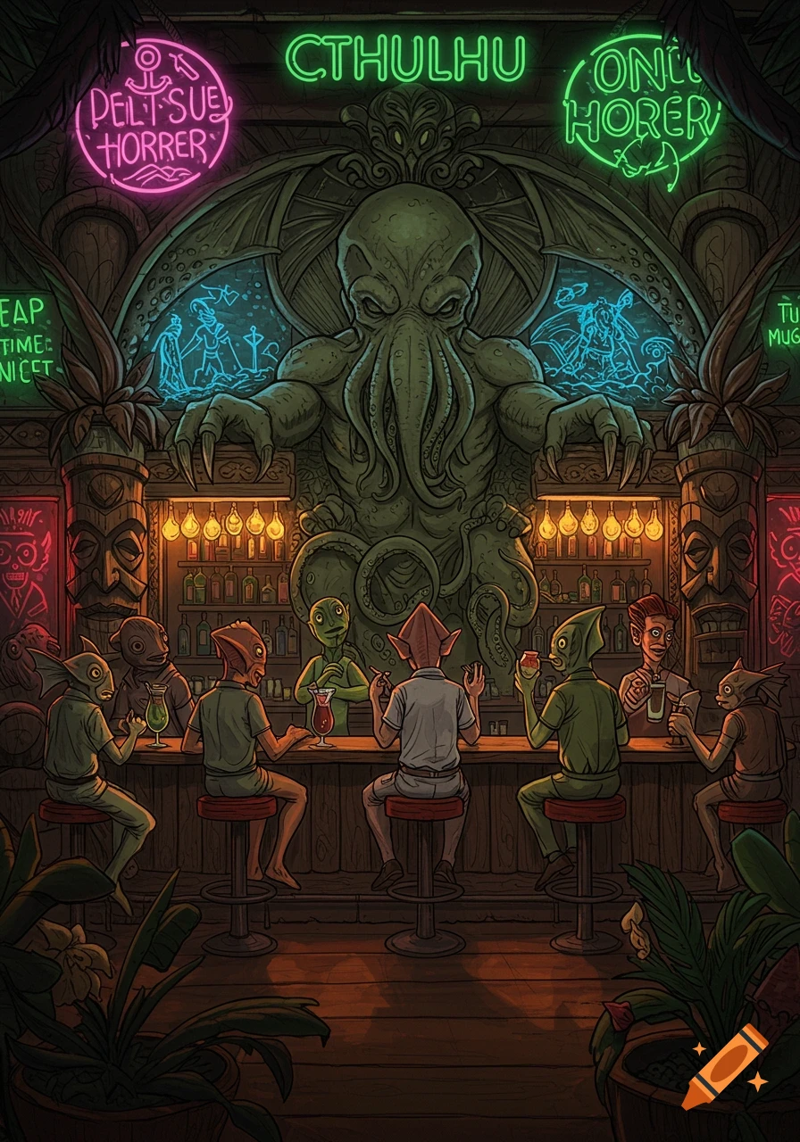 Illustration of Cthulhu looming over a bar filled with fish-like ...