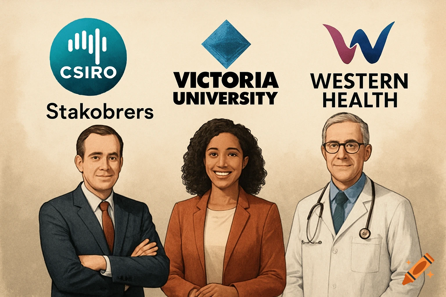 Illustration of three people standing below logos for CSIRO, Victoria ...