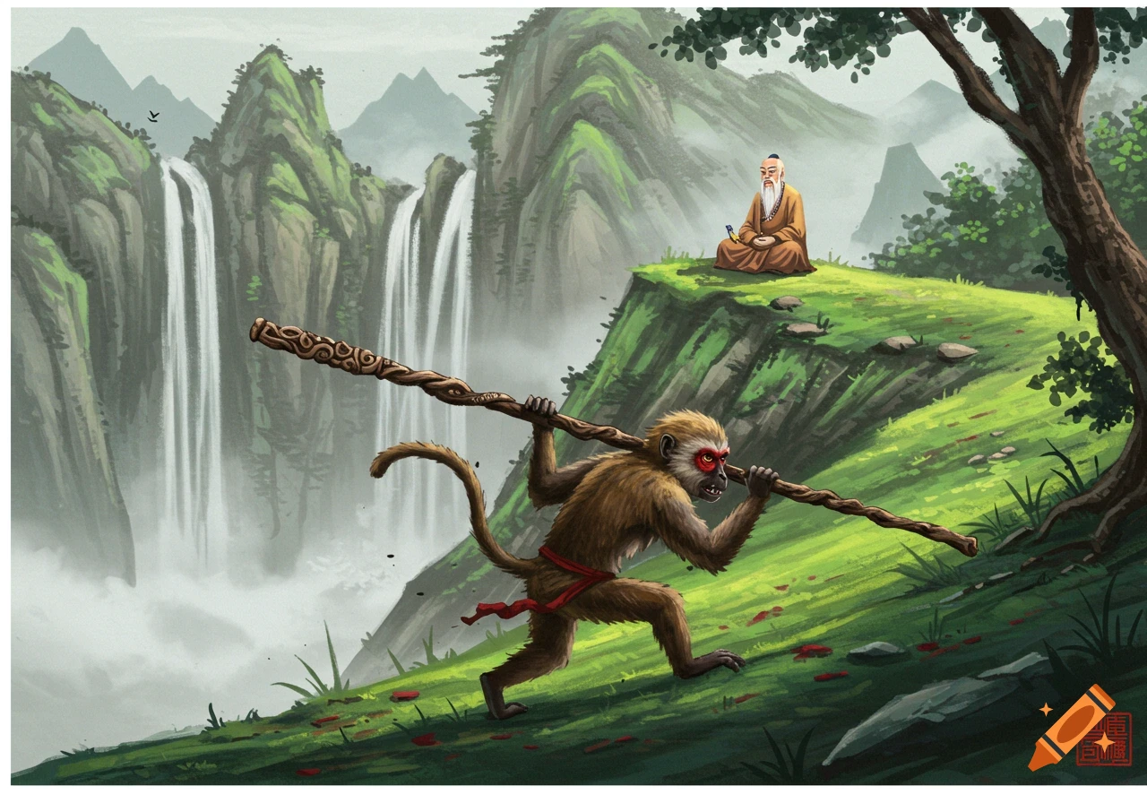 A monkey with a staff stumbles down a mountain slope towards a sage ...