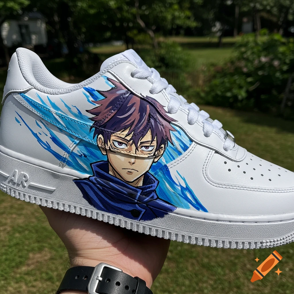 Custom painted white sneaker with an anime character design and blue ...