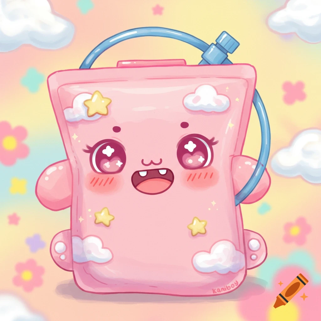 Cute pink hydration pack character with big eyes and clouds and stars ...