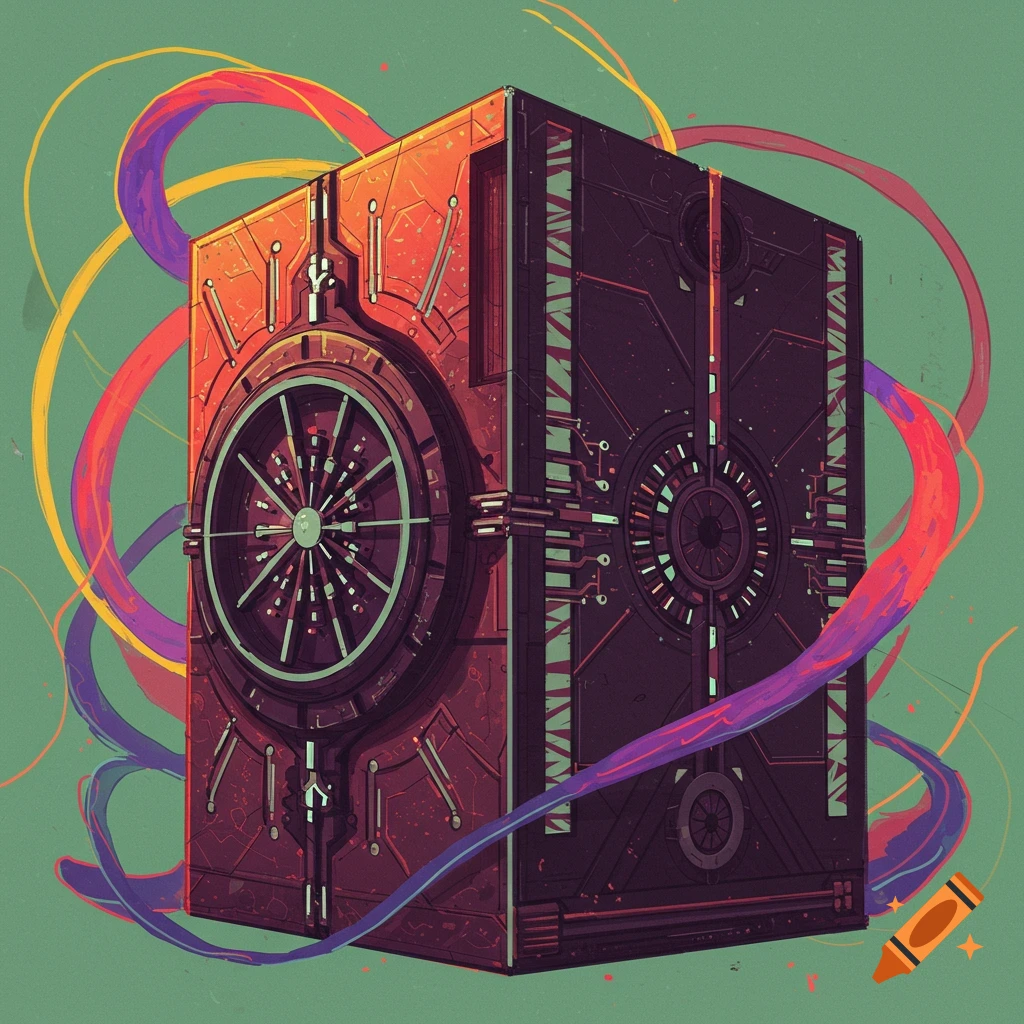 Stylized mechanical vault with swirling colorful ribbons in an abstract ...