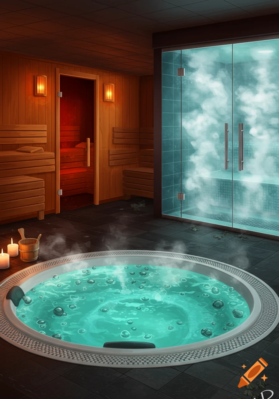 A spa setting with a bubbling jacuzzi, wooden sauna room, and steamy ...