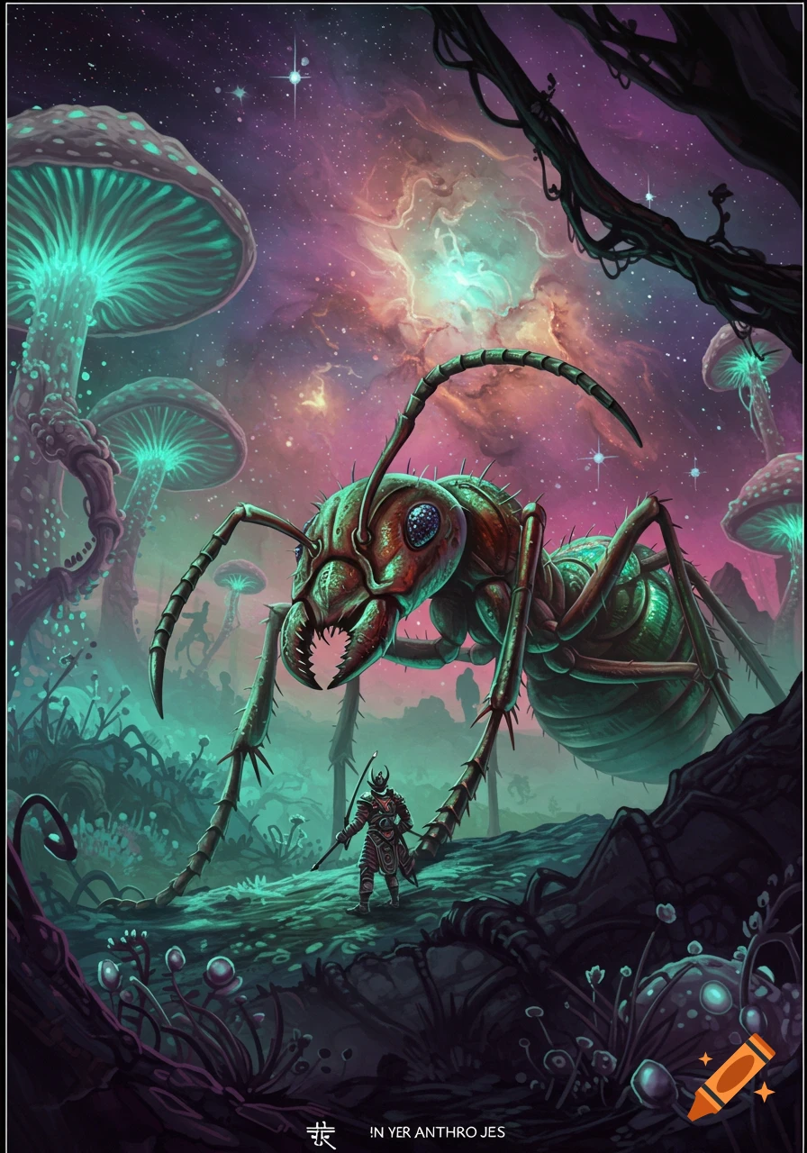 A small figure stands before a giant ant in a vibrant fantasy mushroom ...