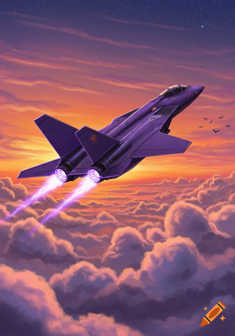 A purple jet flies through sunset clouds, leaving purple contrails. on ...