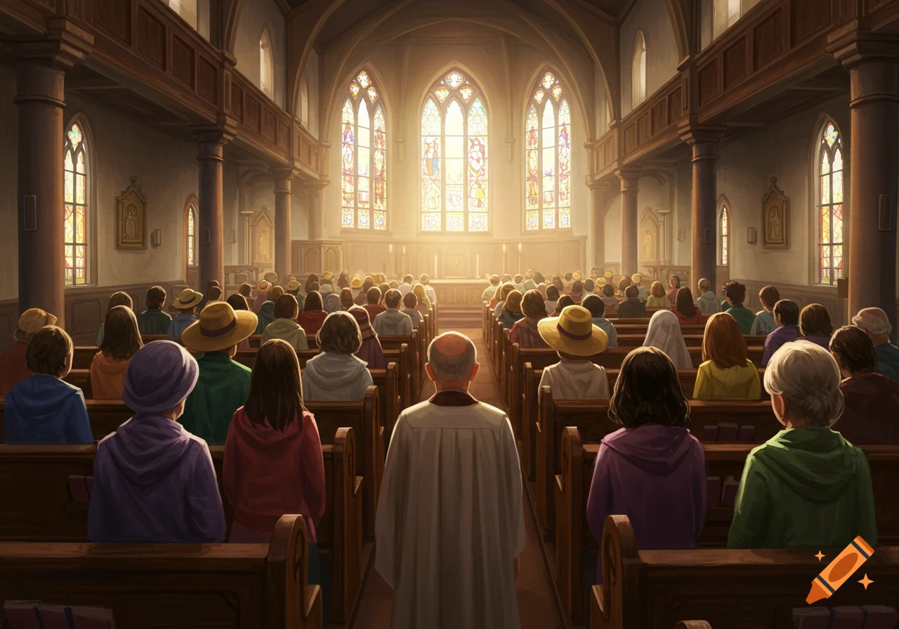 View from the back of a church congregation with sunlight streaming ...