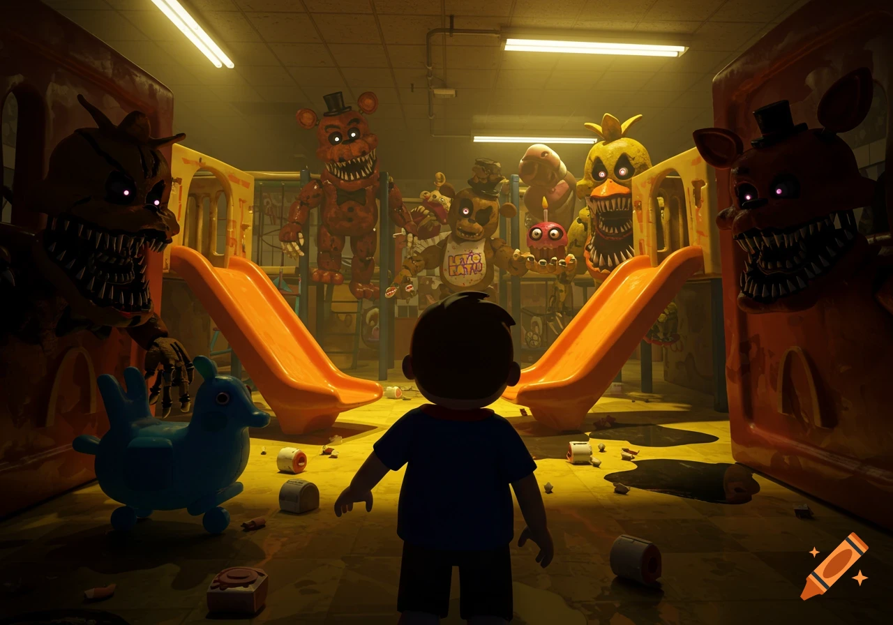 A child stands in a scary playground with distorted animatronic ...