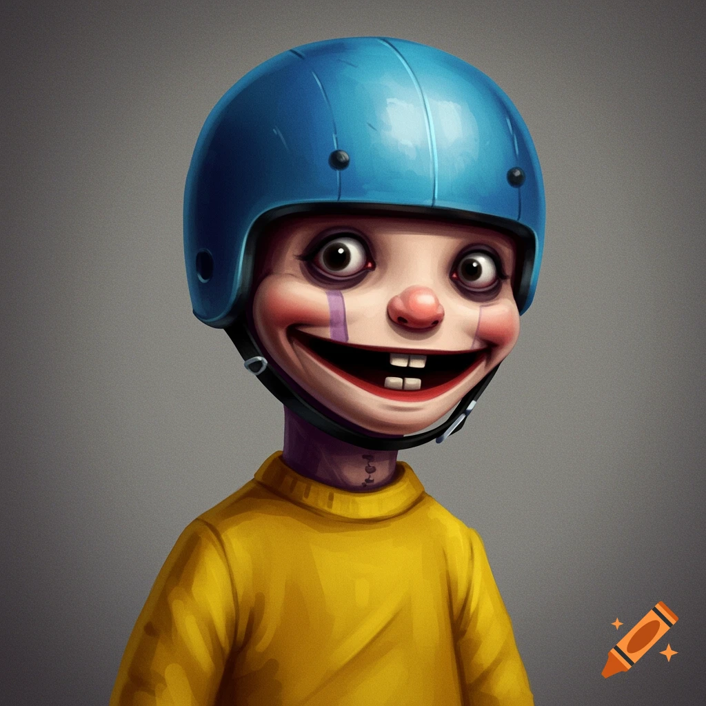 Creepy puppet with a blue helmet and yellow shirt on Craiyon