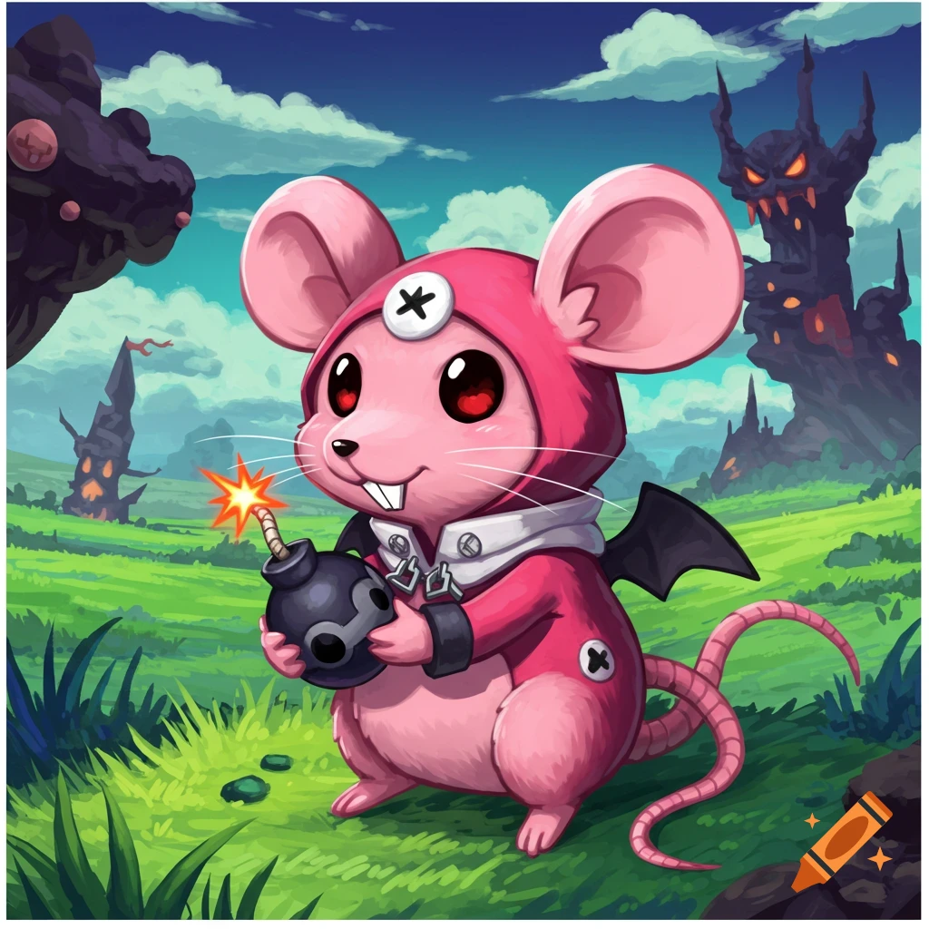 A pink cartoon rat character in a hooded costume holds a lit bomb in a ...