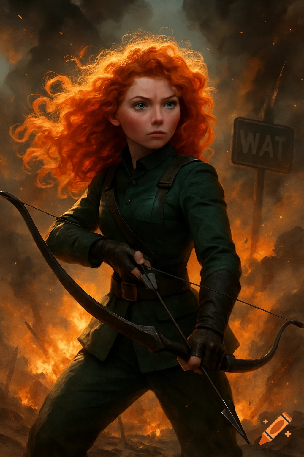 A woman with red curly hair in military gear holds a bow and arrow in a ...