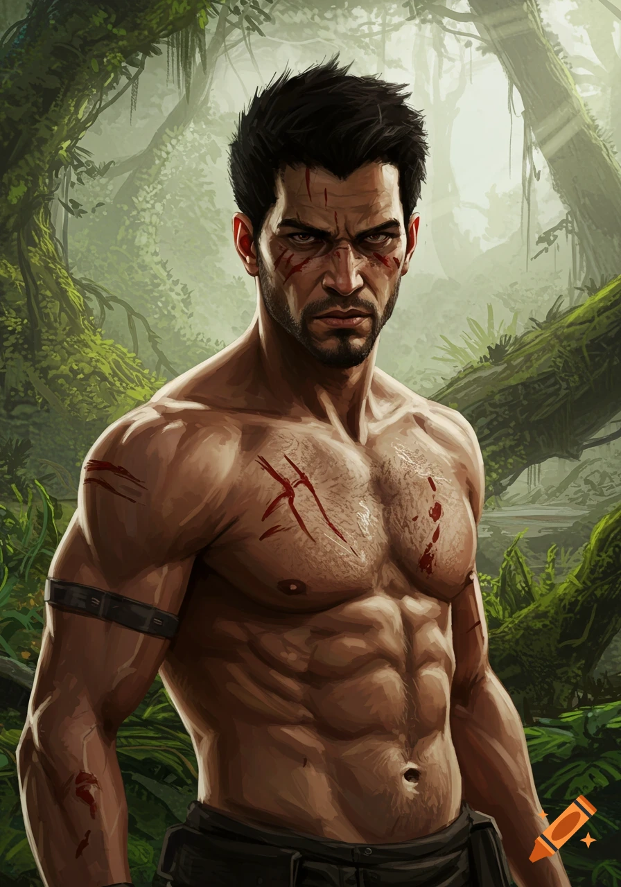 Illustrative portrait of a muscular man with scars in a jungle setting ...