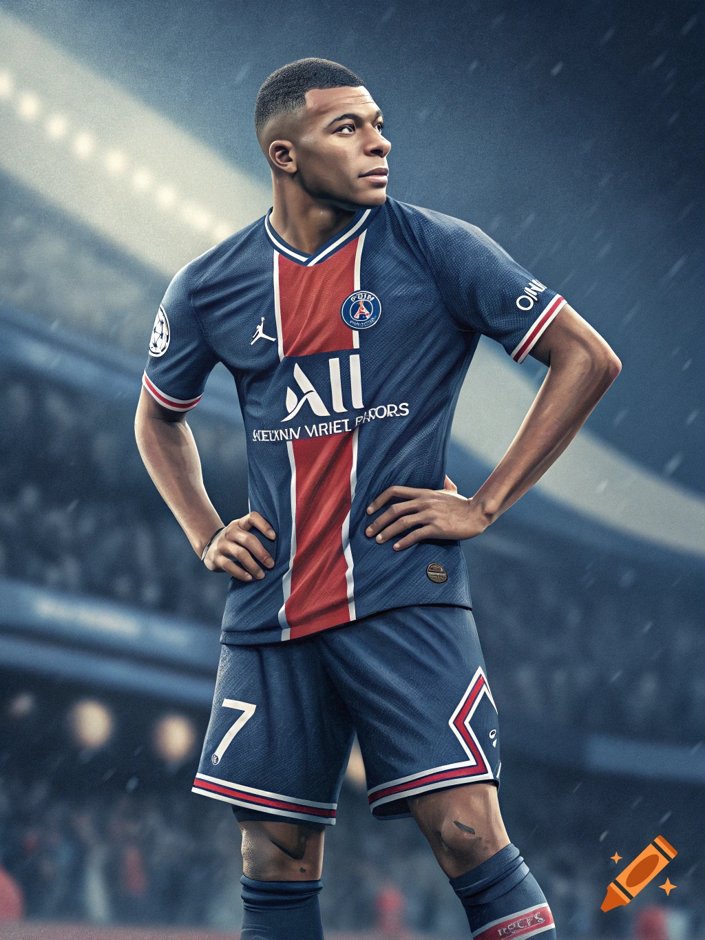 Kylian Mbappé in a PSG soccer uniform posing on a field on Craiyon