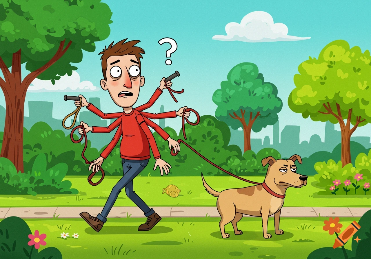 A confused man with multiple arms holds dog leashes while walking a ...