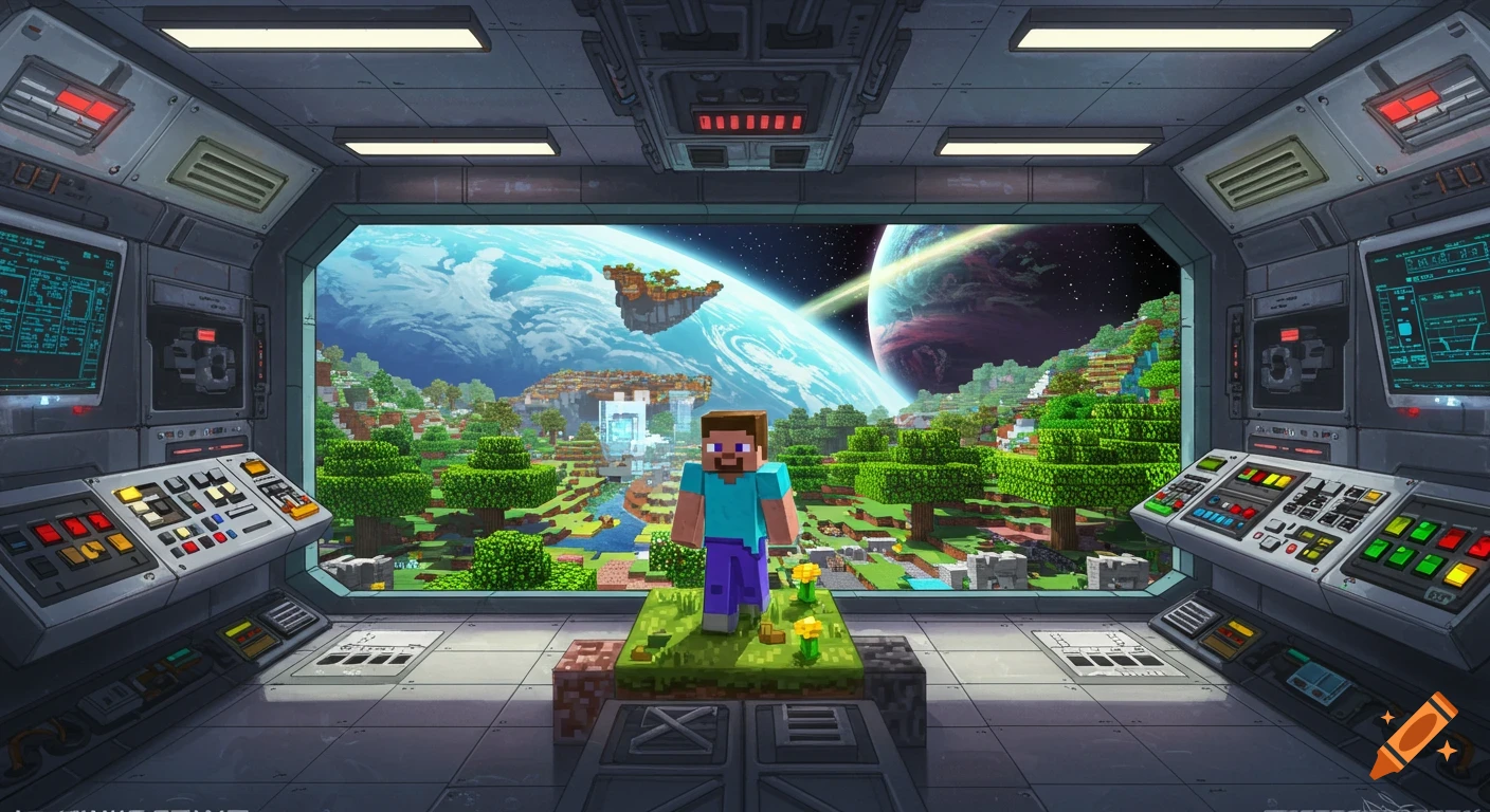 Minecraft character Steve in a spaceship cockpit looking out at a pixelated world and planets ...