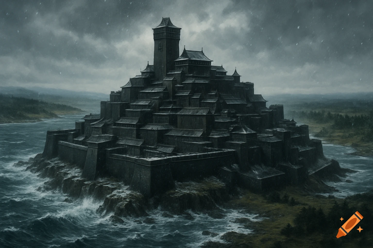 Massive Japanese-style fortress on a rocky island in a stormy sea under ...